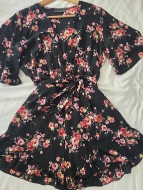 Blue Blush | Pants & Jumpsuits | Black Floral Wrap Dress With Tie Waist ...
